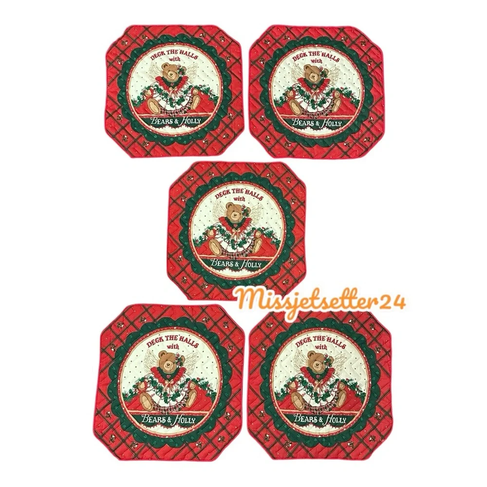 Holiday | Set Of 5 Vintage Holiday Red And Green Bear And Holly Cloth ...